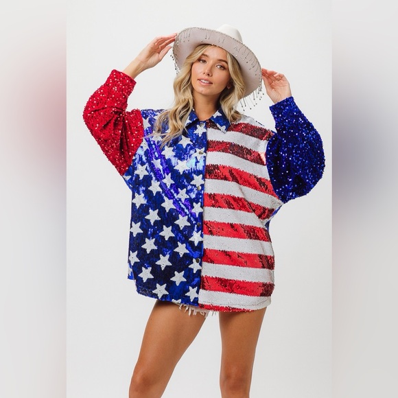 BiBi | Tops | Bibi Velvet Sequin American Flag Shirt | Poshmark